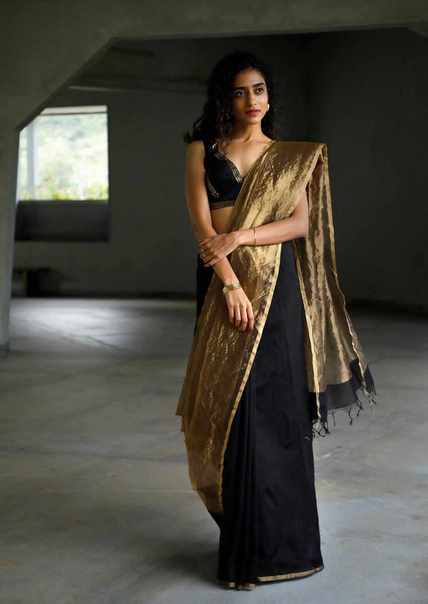Handloom Black Chanderi Tissue Saree – Go Native Retail LLP